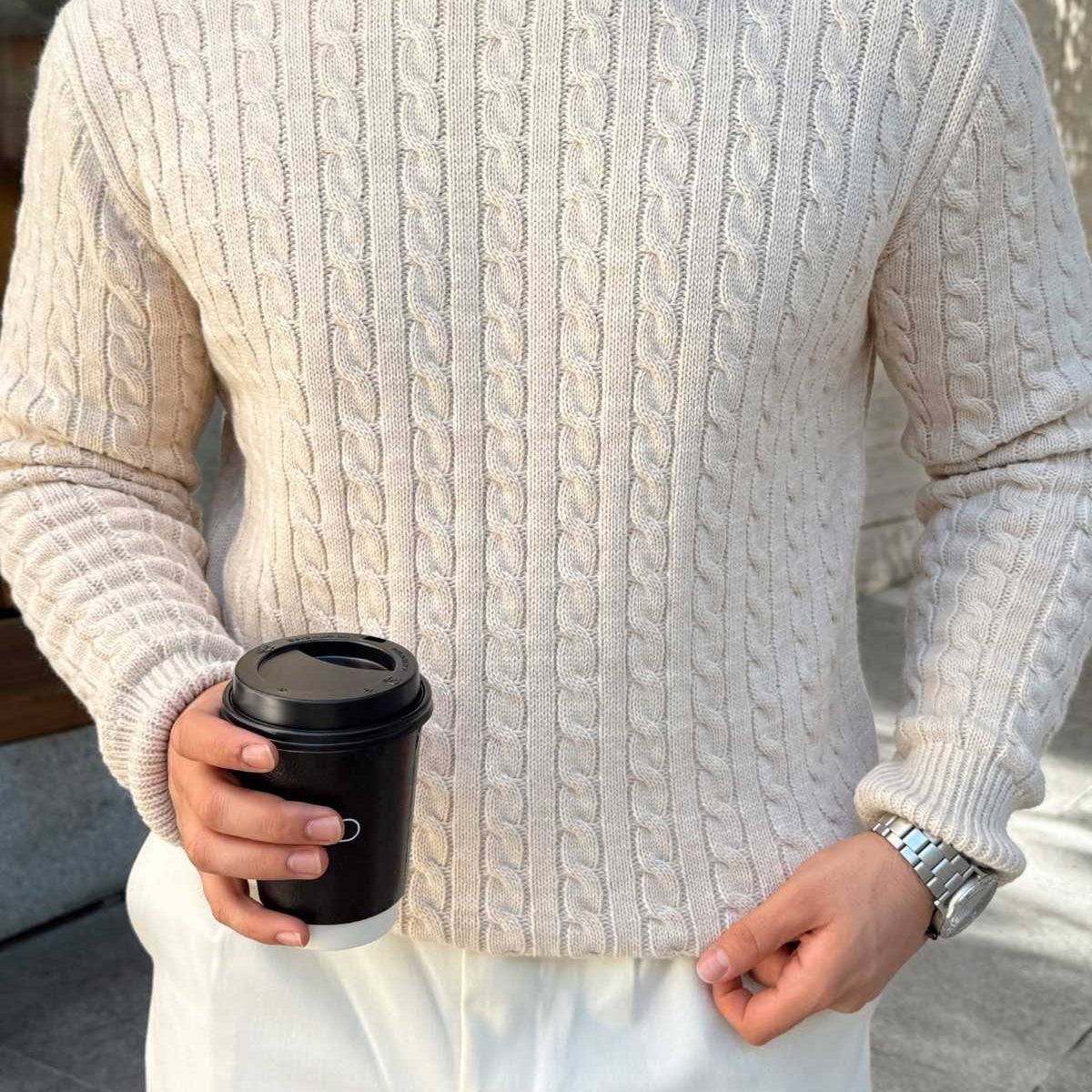 Mira Premium Saç Örgü Bisiklet Yaka Kalın Triko Kazak - Livio Ferri